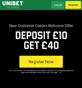 Unibet Casino Bonus Code - Spend £10 Get £40 Welcome Offer